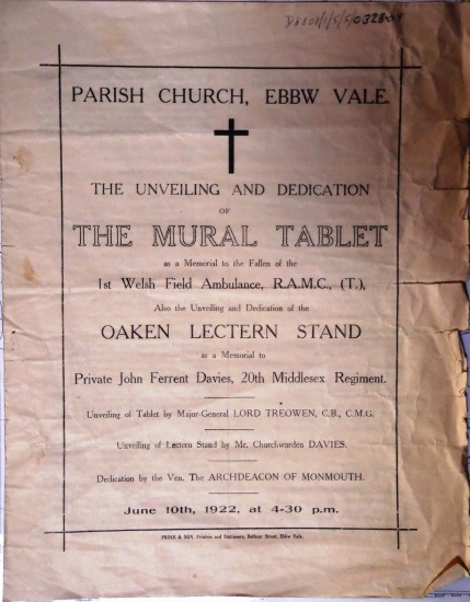 John Ferrent Davies' memorial lectern stand, Christ Church, Ebbw Vale ...