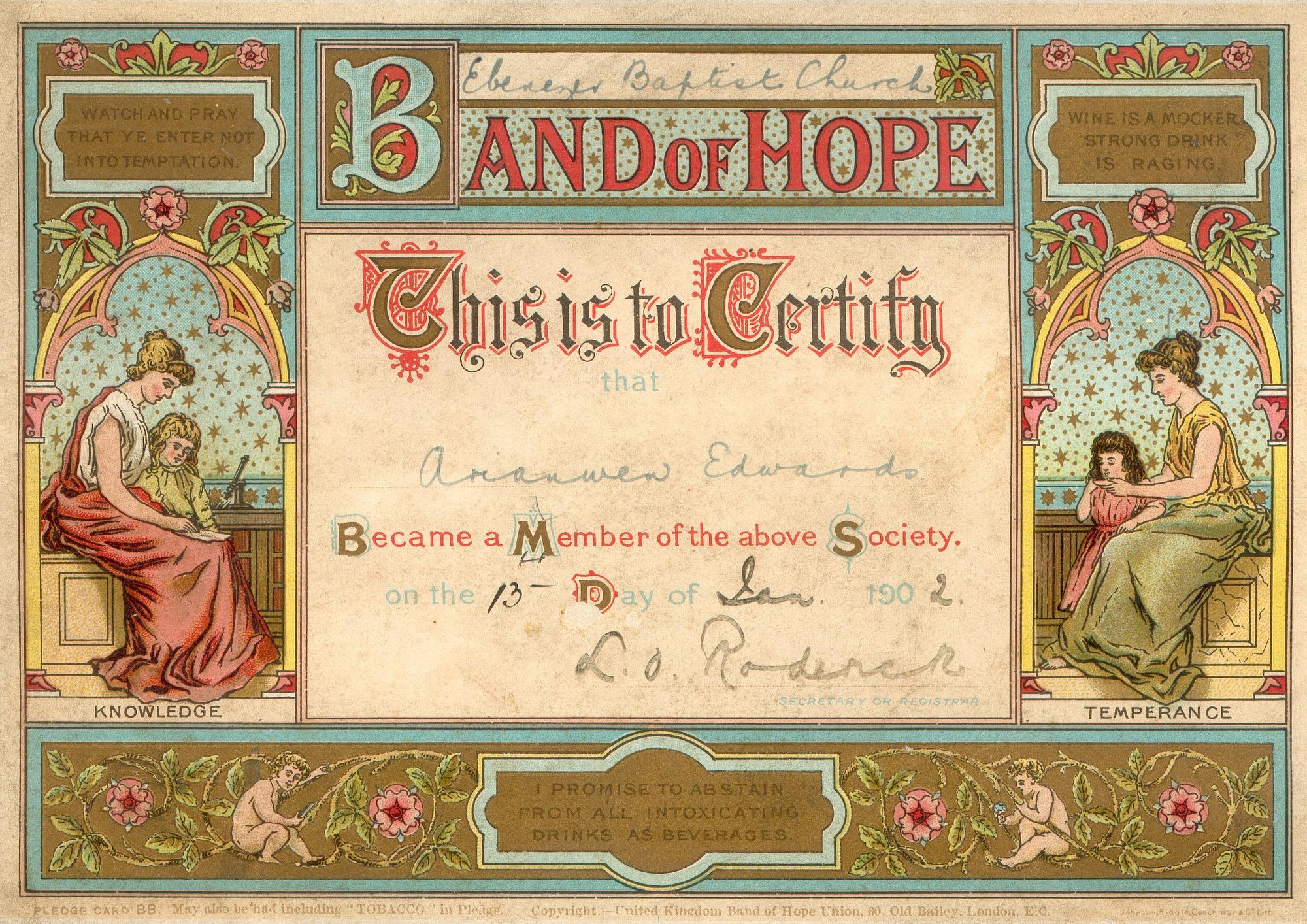 Band of Hope Membership certificate | | Llanhilleth